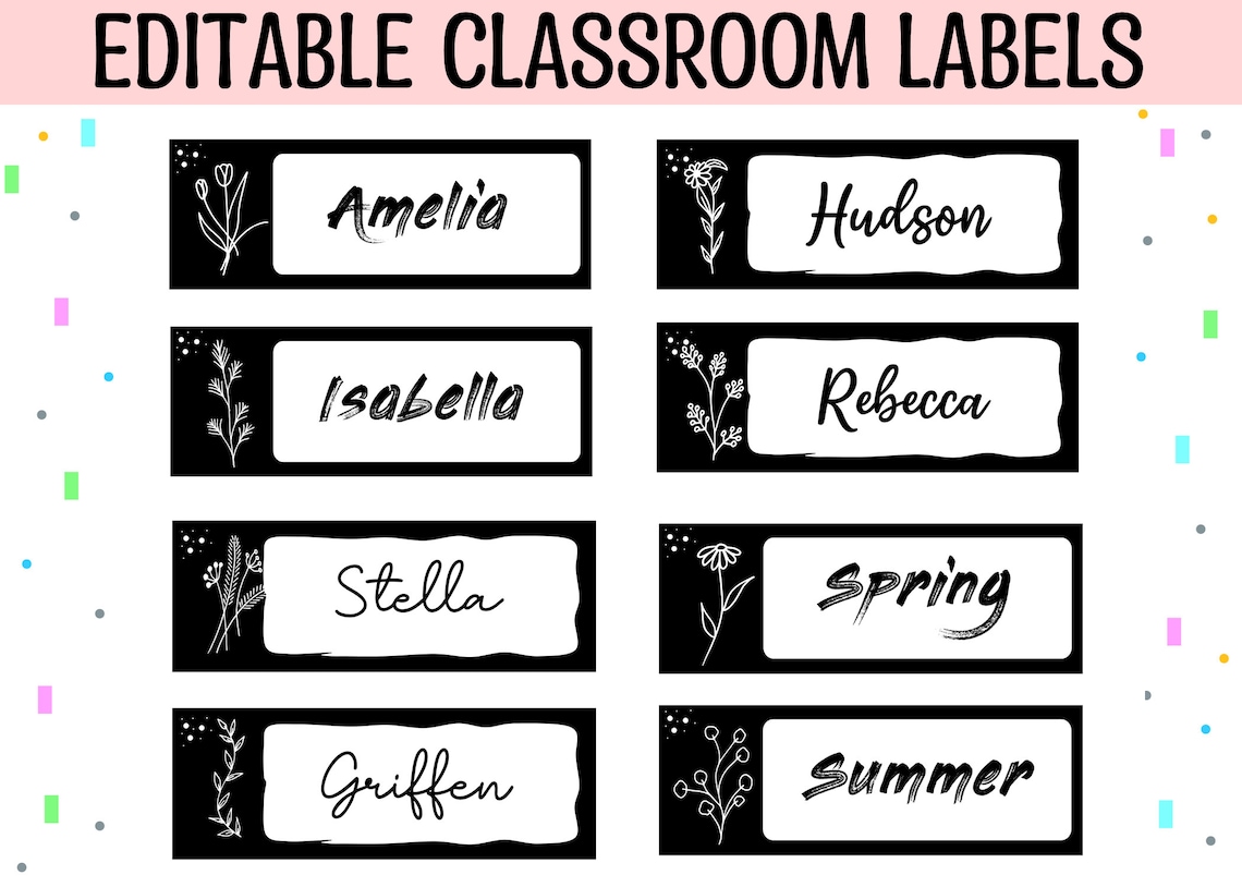 Black and White Classroom Labels, Student Name Tags, Printable ...