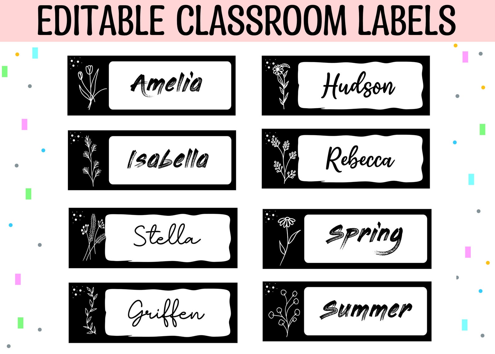 Black and White Classroom Labels, Student Name Tags, Printable ...
