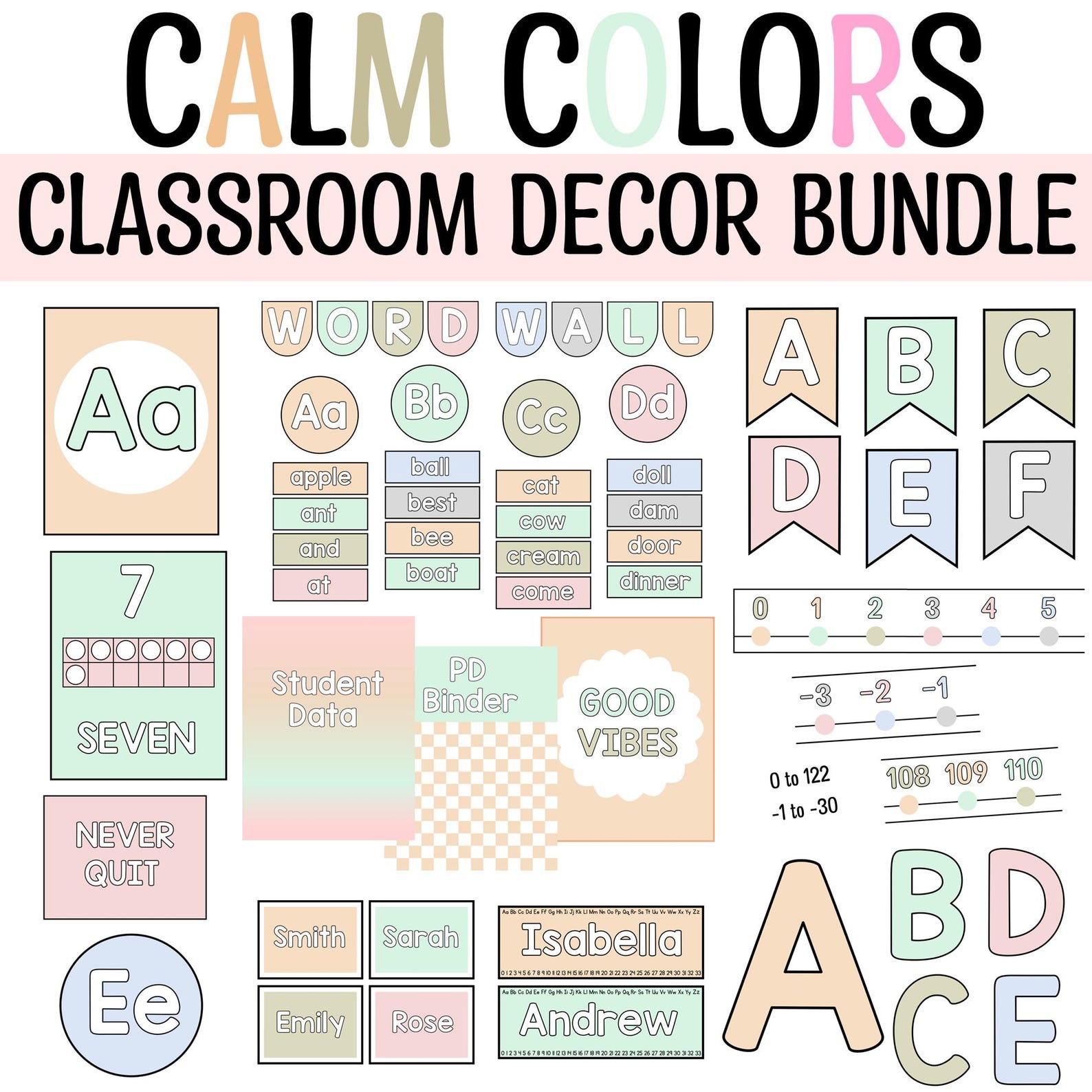 Printable Calm Colors Modern Minimalist Classroom Decor Bundle Pack ...