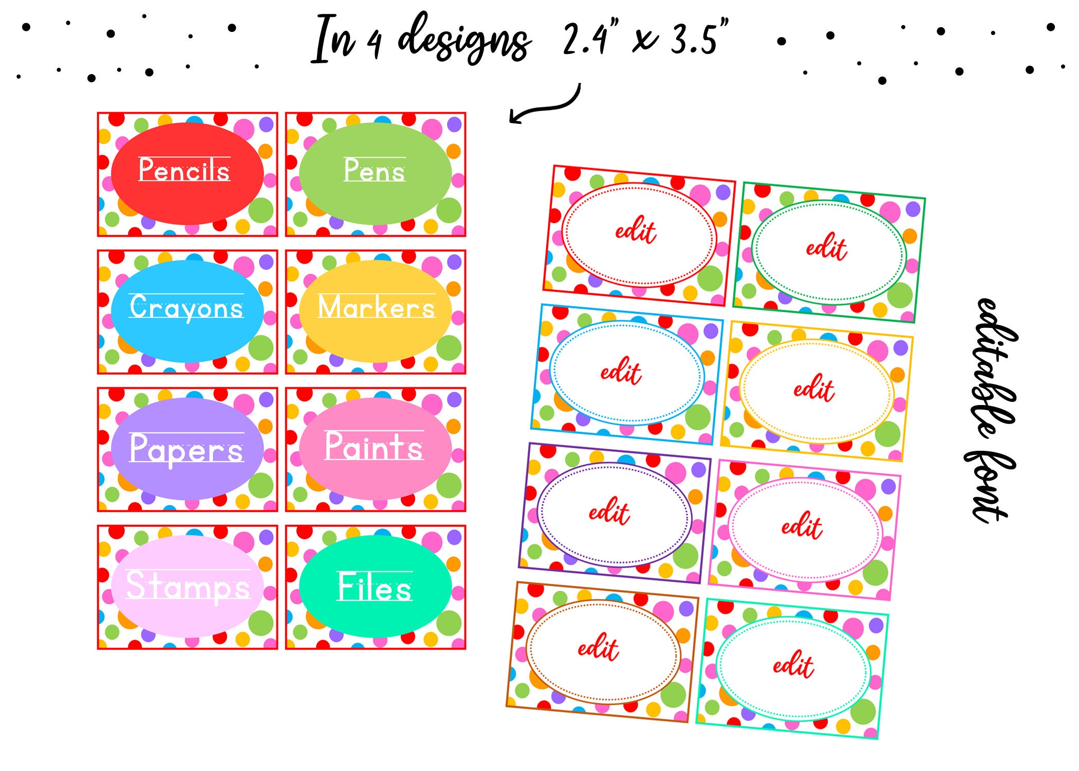 Polka Dots Labels, Printable Bright Name Labels, Student Name Tags ...