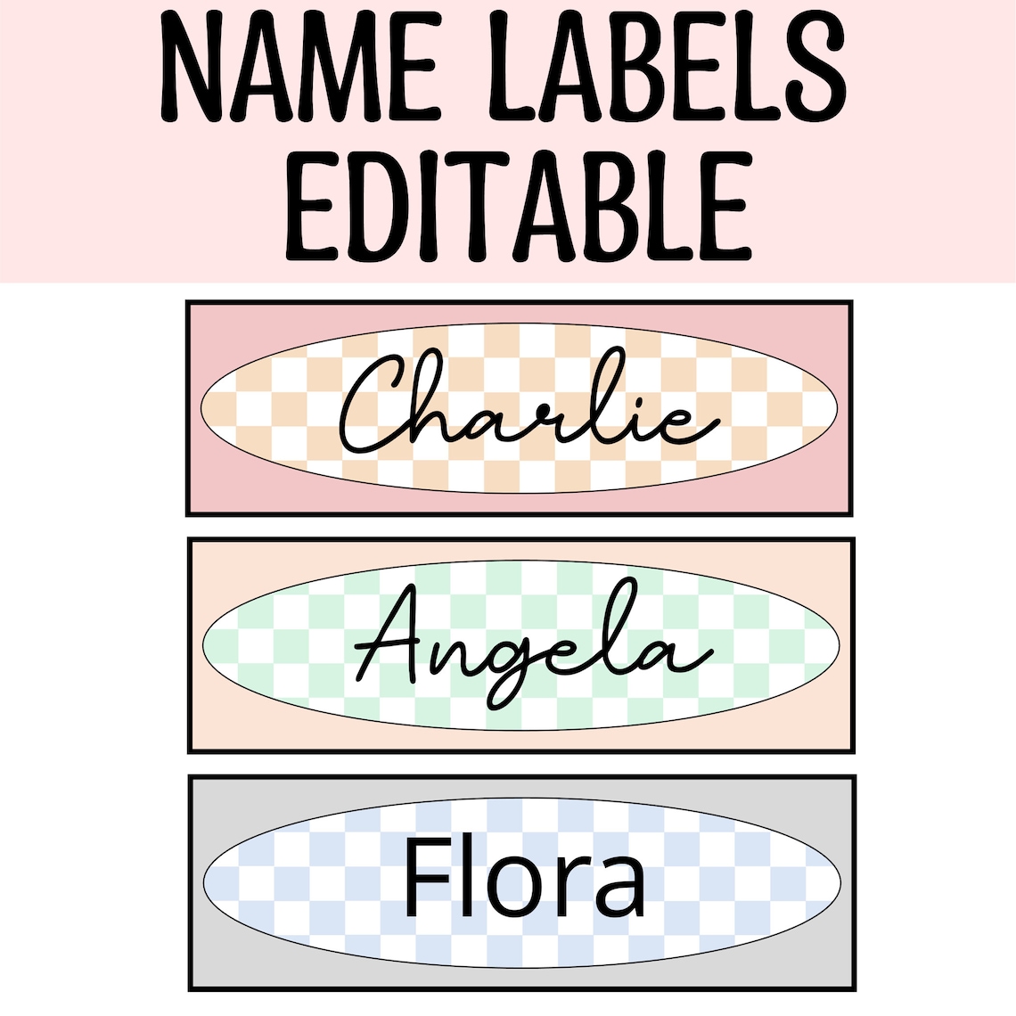 Printable Checkered Student Name Plates, Editable Desk Plates, Kids ...