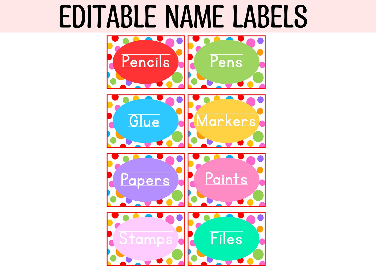 Polka Dots Labels, Printable Bright Name Labels, Student Name Tags ...