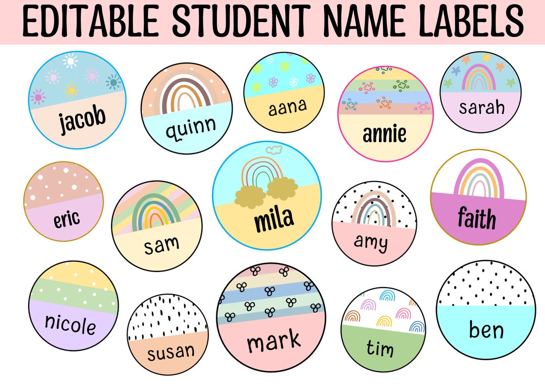 Name Tags Editable Round Rainbow Name Labels, Classroom Labels, Kid's ...