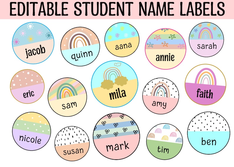 Name Tags Editable Round Rainbow Name Labels, Classroom Labels, Kid's ...