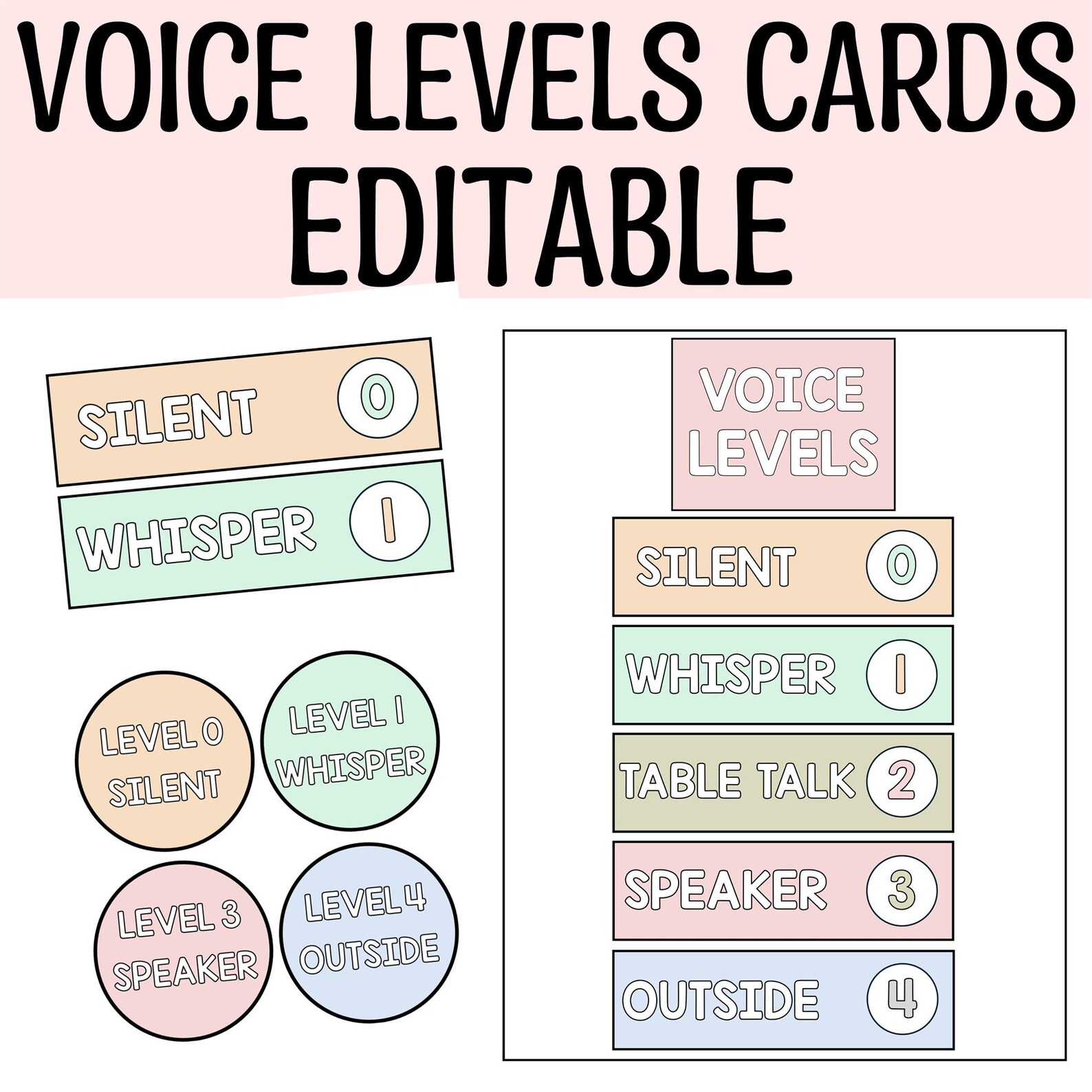 Printable Calm Colors Classroom Voice Level Cards, Editable Classroom ...