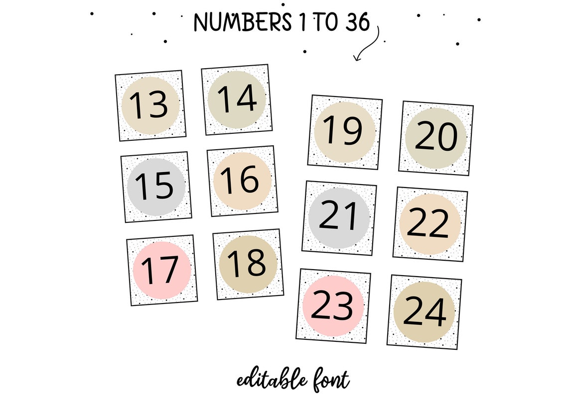 Printable Number Labels, Boho Spotty Number Labels, Classroom Calendar ...