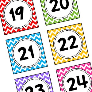 Printable Classroom Number Labels, Calendar Numbers, Bright Chevron ...