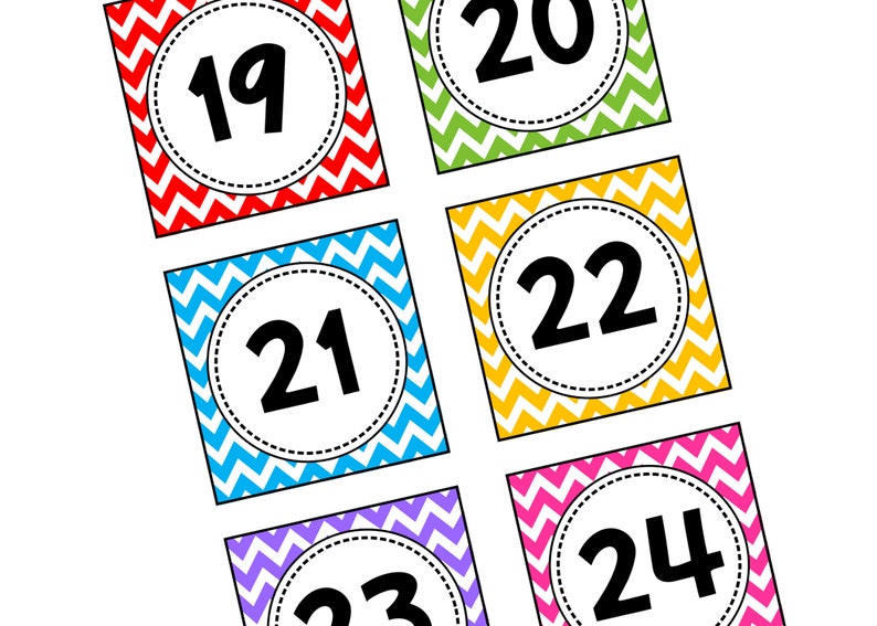 Printable Classroom Number Labels, Calendar Numbers, Bright Chevron ...