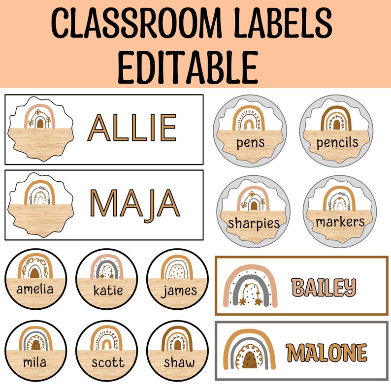 Editable Boho Neutral Rainbow Student Name Tags, Cubbies Labels - Etsy ...