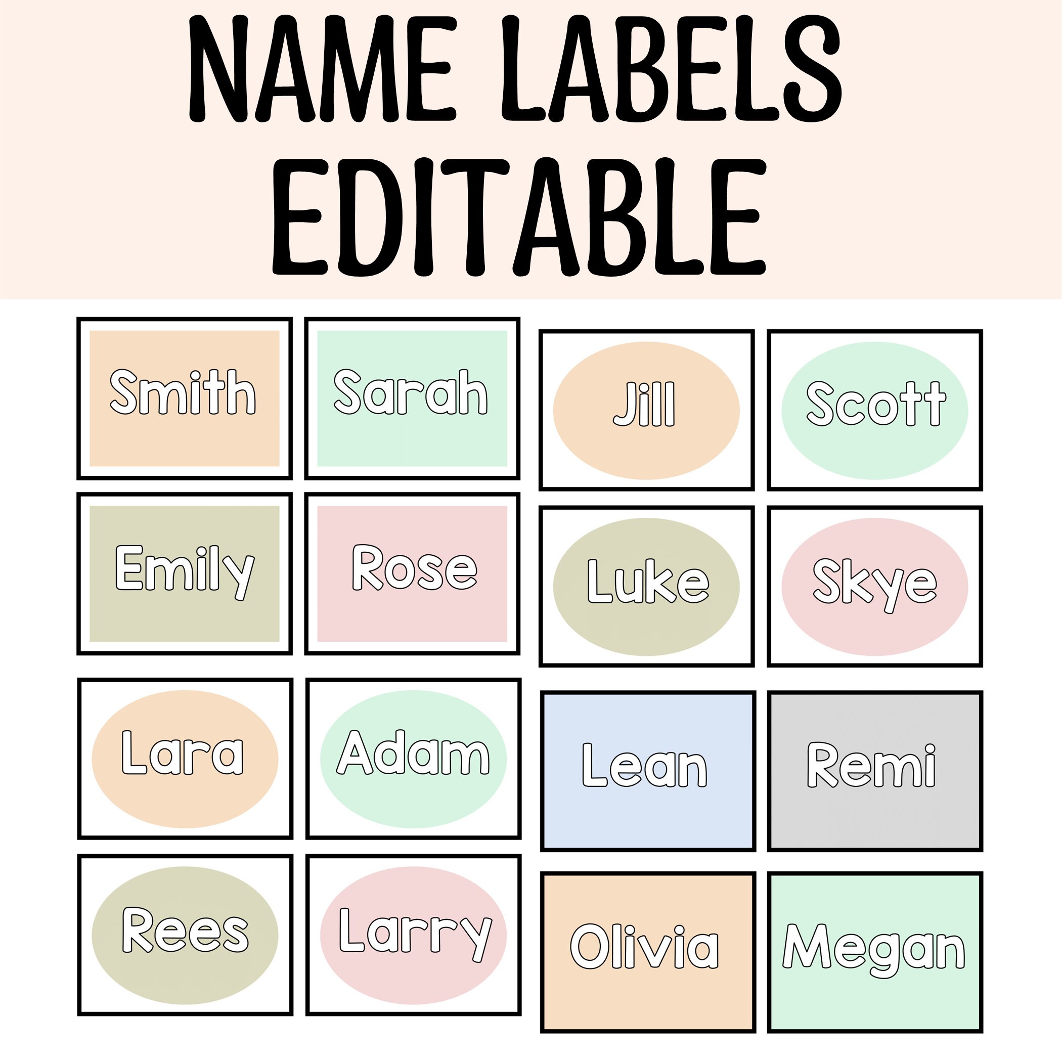 Printable Calm Color Student Name Labels, Editable Name Tags, Center ...