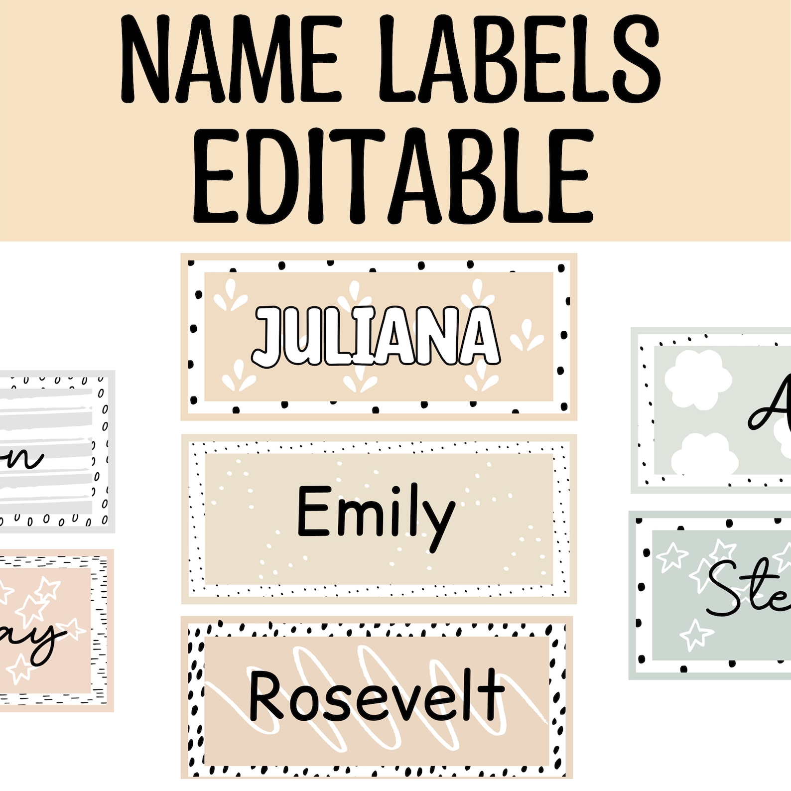 Printable Boho Neutral Name Labels, Student Name Labels, Classroom ...