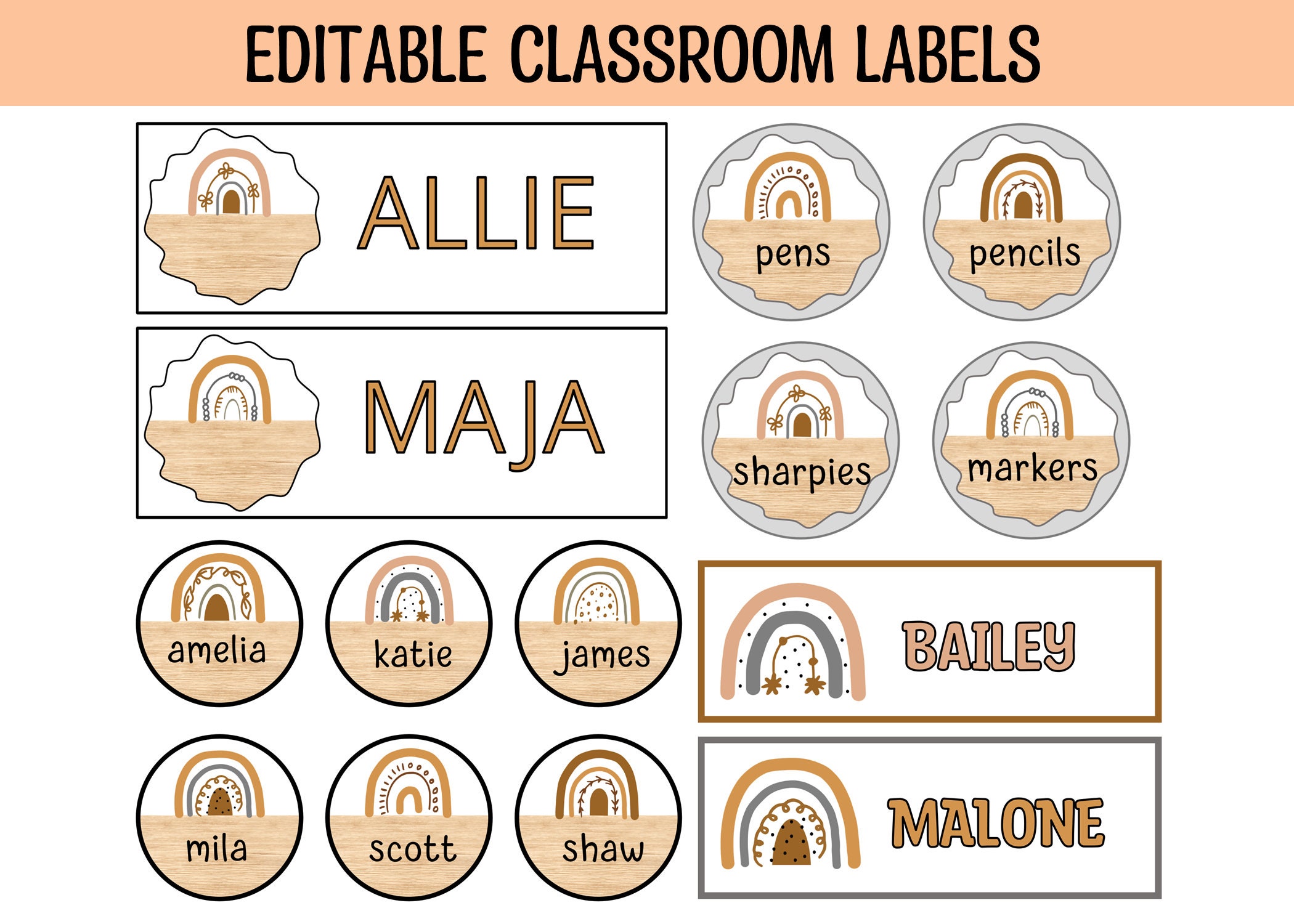 Editable Boho Neutral Rainbow Student Name Tags, Cubbies Labels - Etsy ...