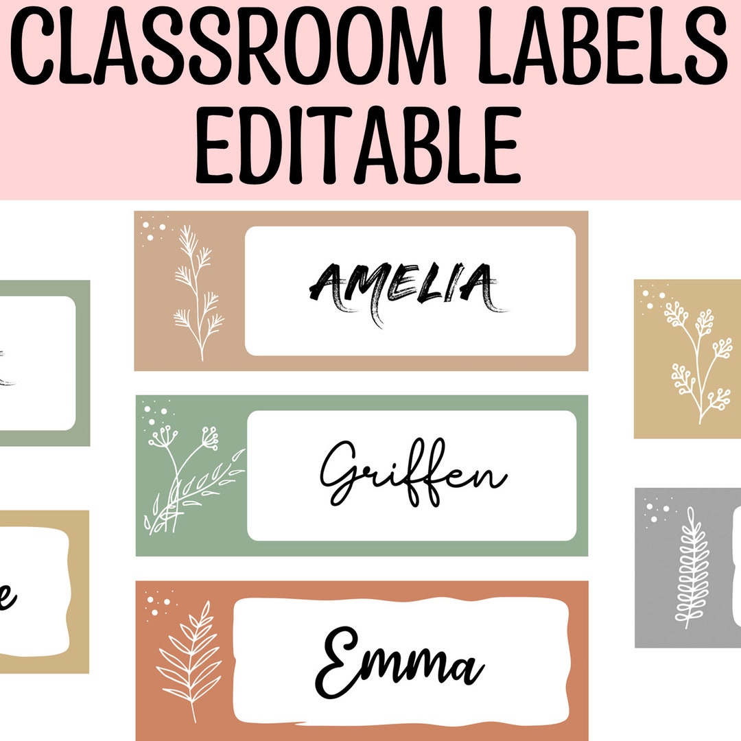 Boho Art Classroom Labels, Editable Student Name Tags, Botanical Name ...