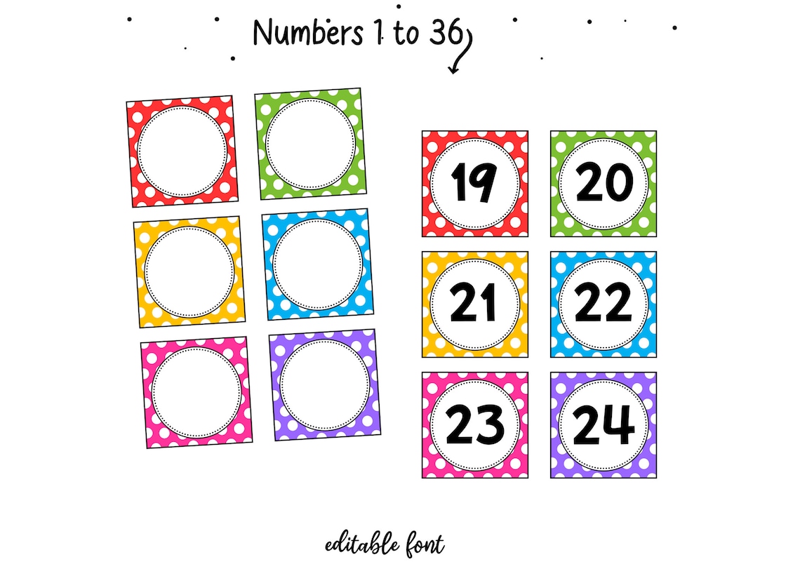 Bright Polka Dots Number Labels, Calendar Number Labels, Locker Numbers ...