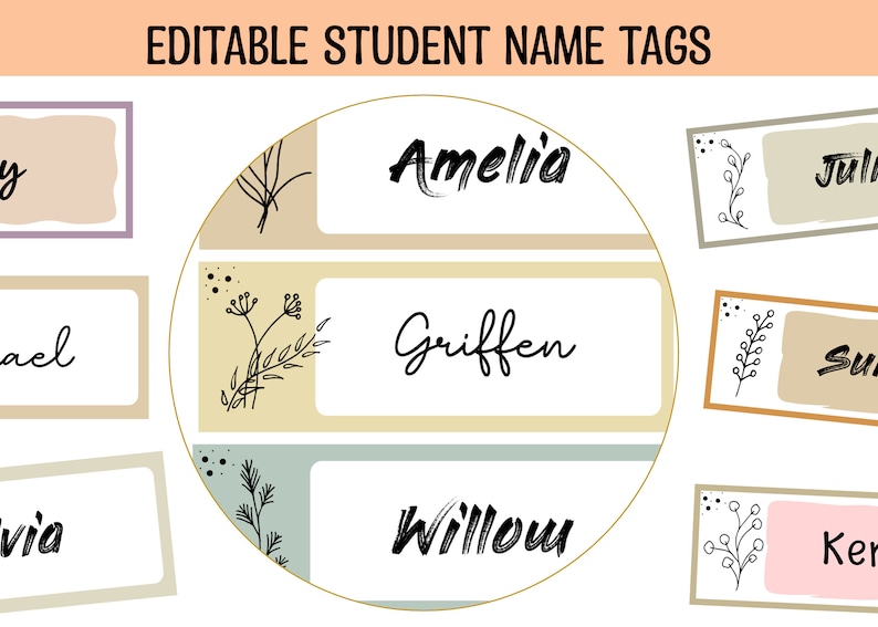 Student Name Tags,leaves Classroom Labels, Boho Neutral Colors Name ...