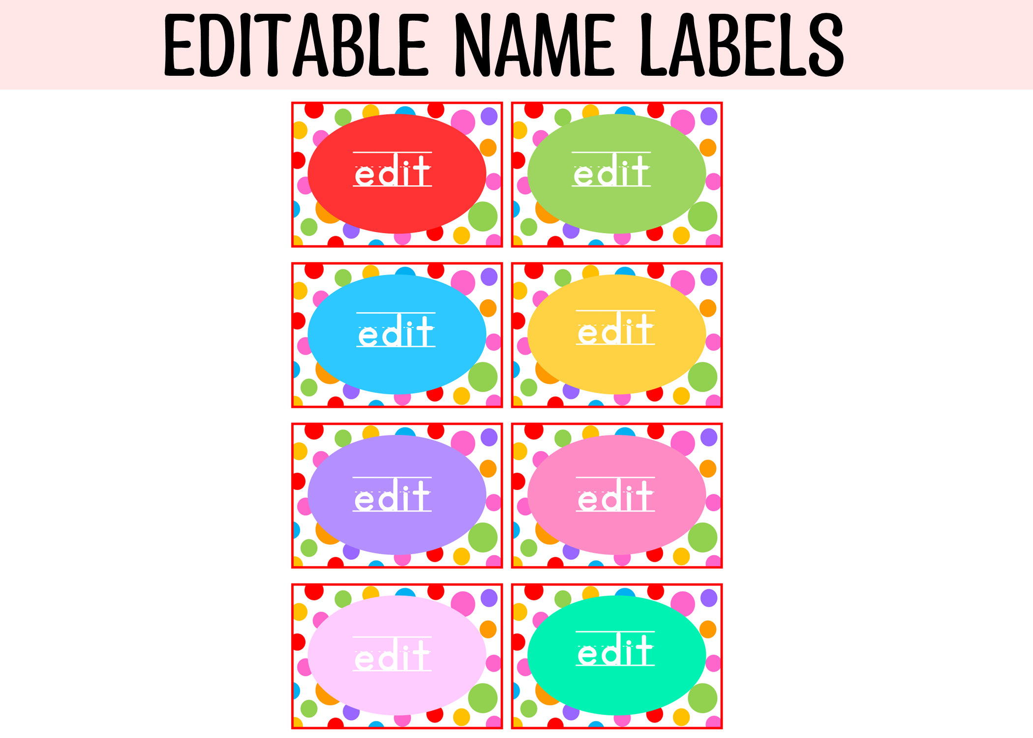 Polka Dots Labels, Printable Bright Name Labels, Student Name Tags ...
