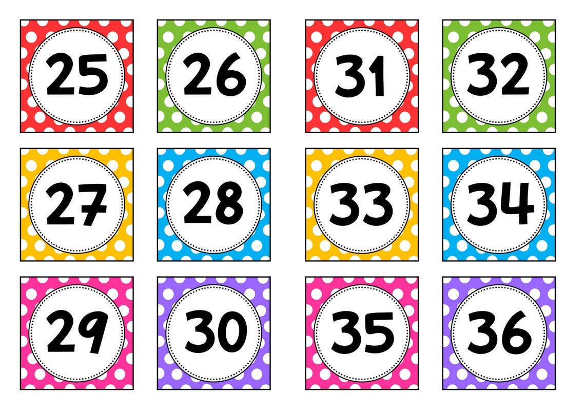 Bright Polka Dots Number Labels, Calendar Number Labels, Locker Numbers ...