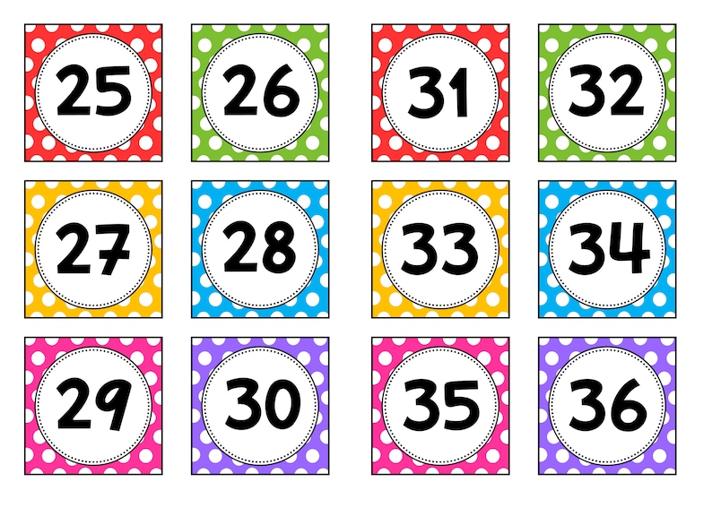 Bright Polka Dots Number Labels, Calendar Number Labels, Locker Numbers ...