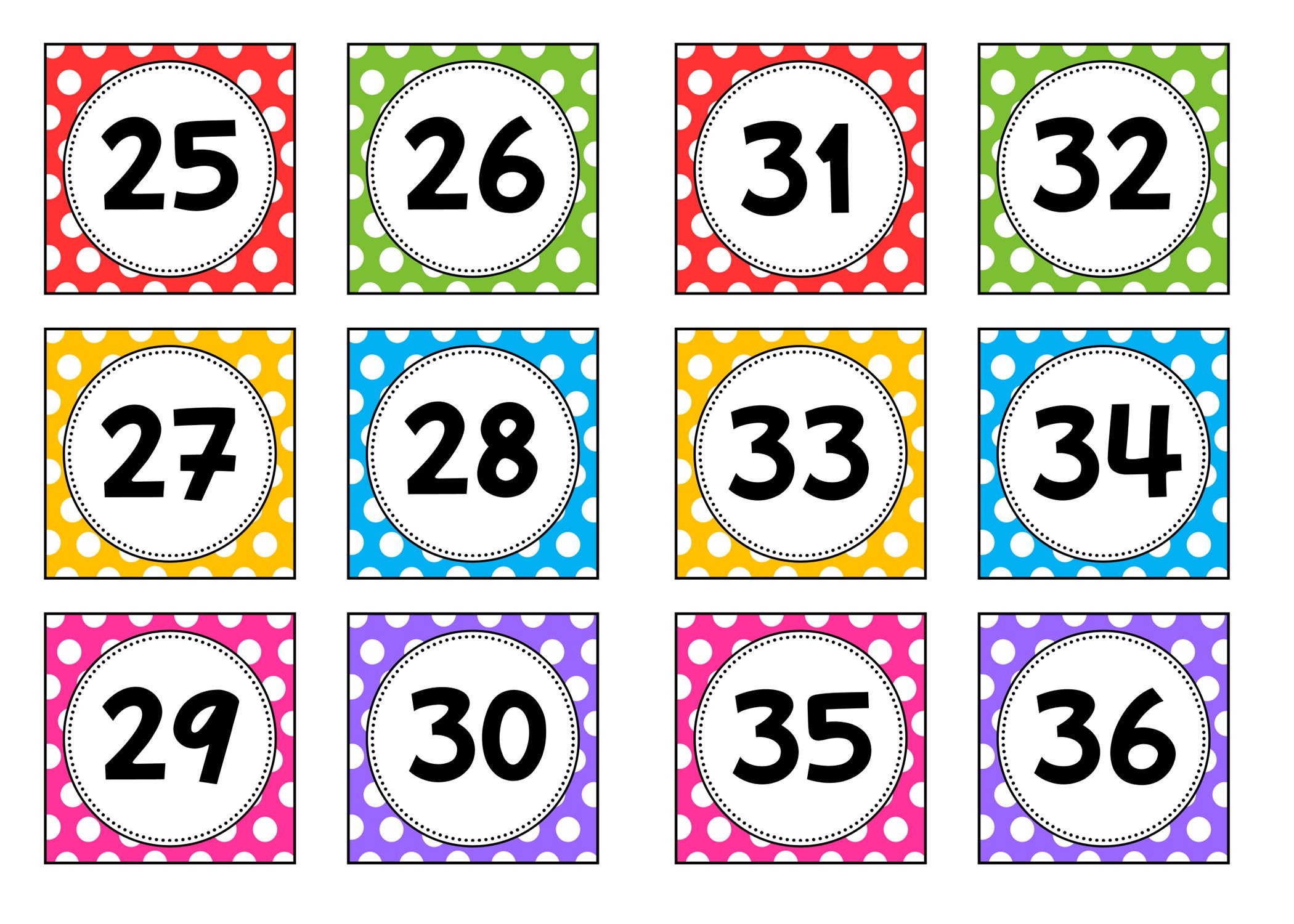 Bright Polka Dots Number Labels, Calendar Number Labels, Locker Numbers ...