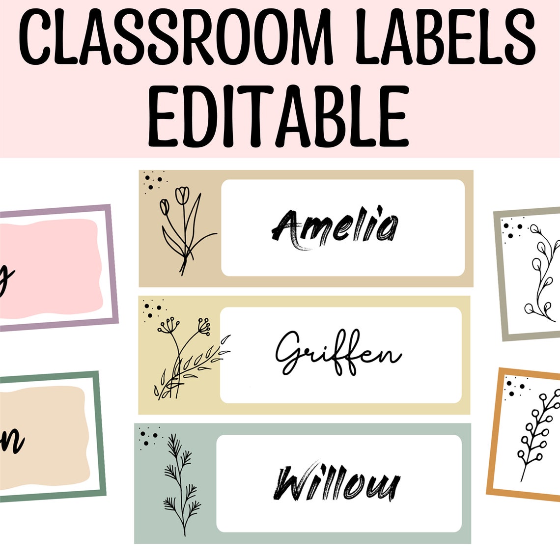Boho Classroom Name Tags, Neutral Colors, Botanical Graphics (PPTX File ...