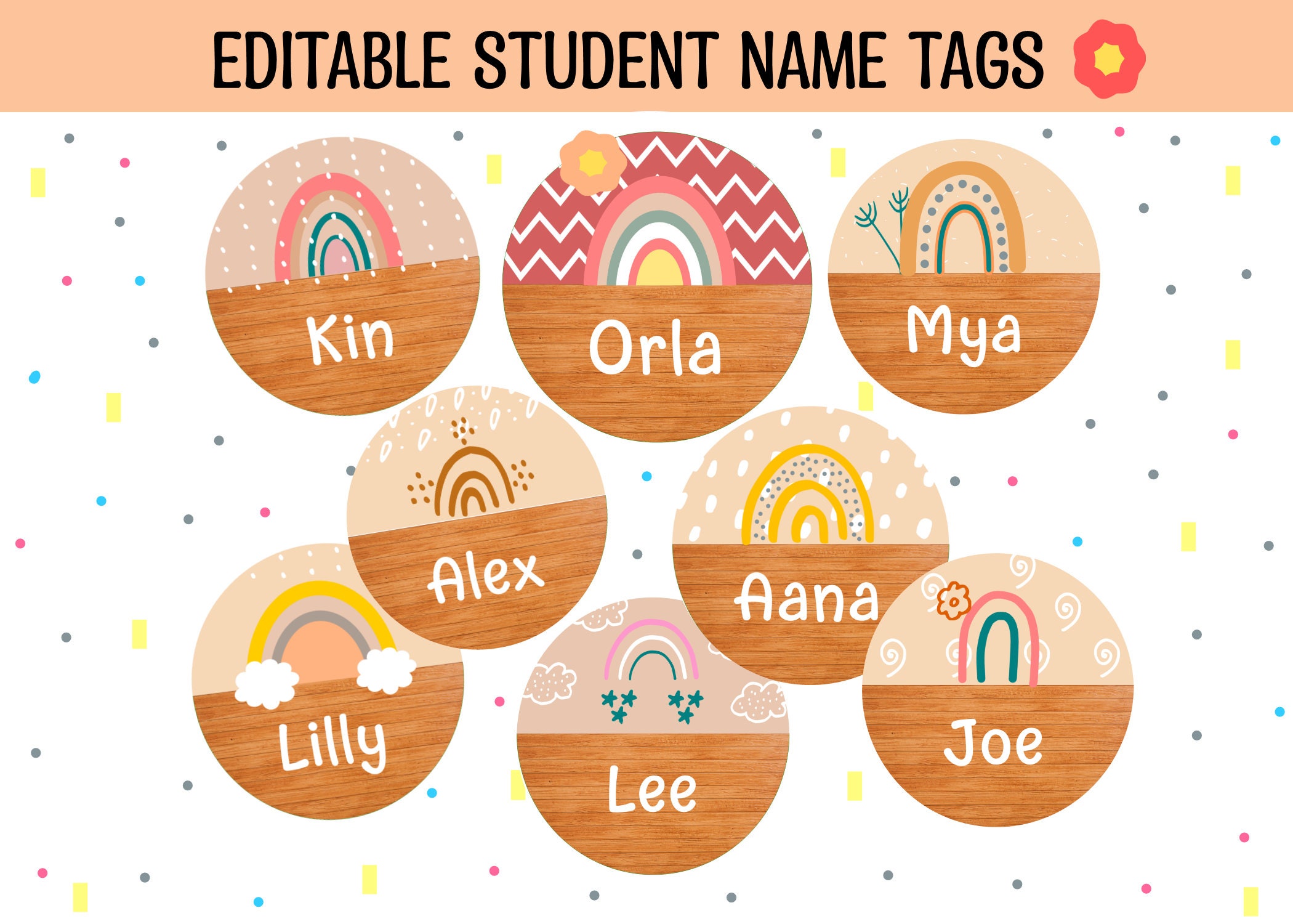 Circular Classroom Labels,student Name Tags,editable Name Tags, Rainbow ...