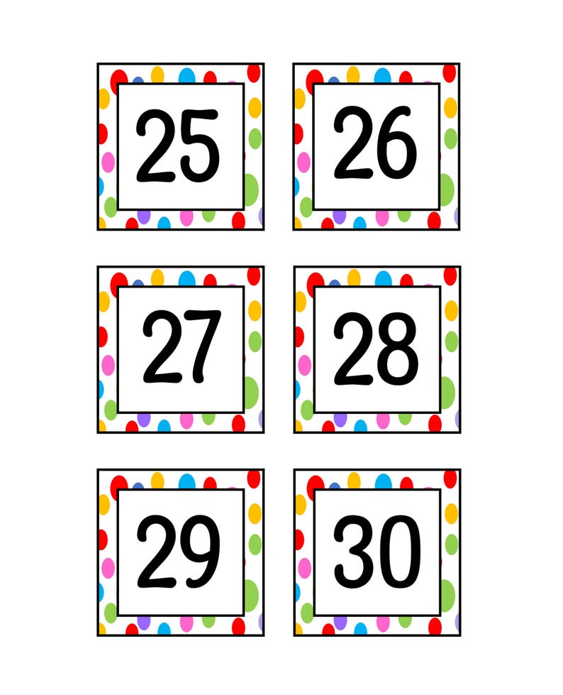 Printable Classroom Number Labels, Colorful Polka Dot Calendar Spots ...