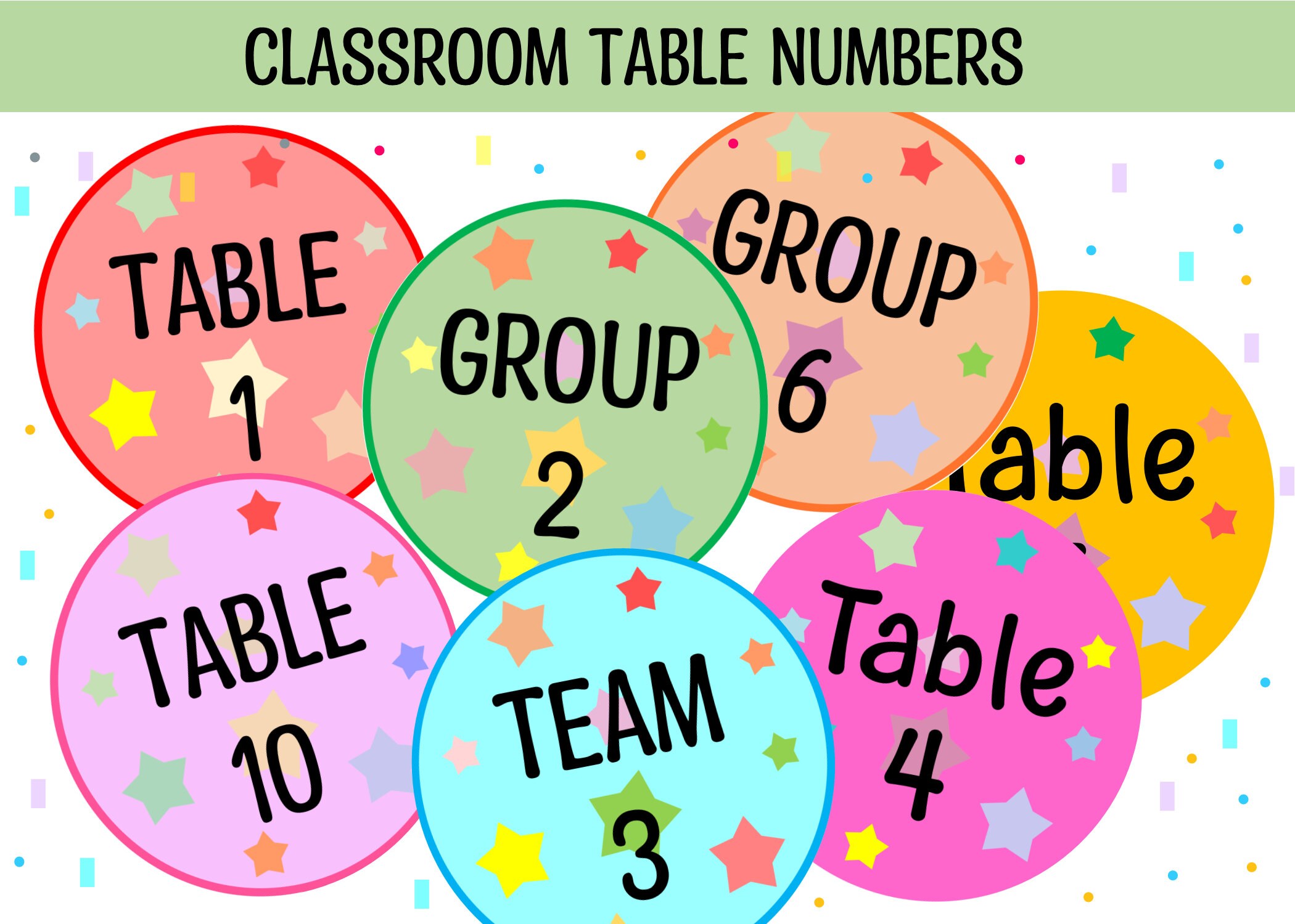 Editable Bright Colors Stars Round Classroom Table, Team and Group ...