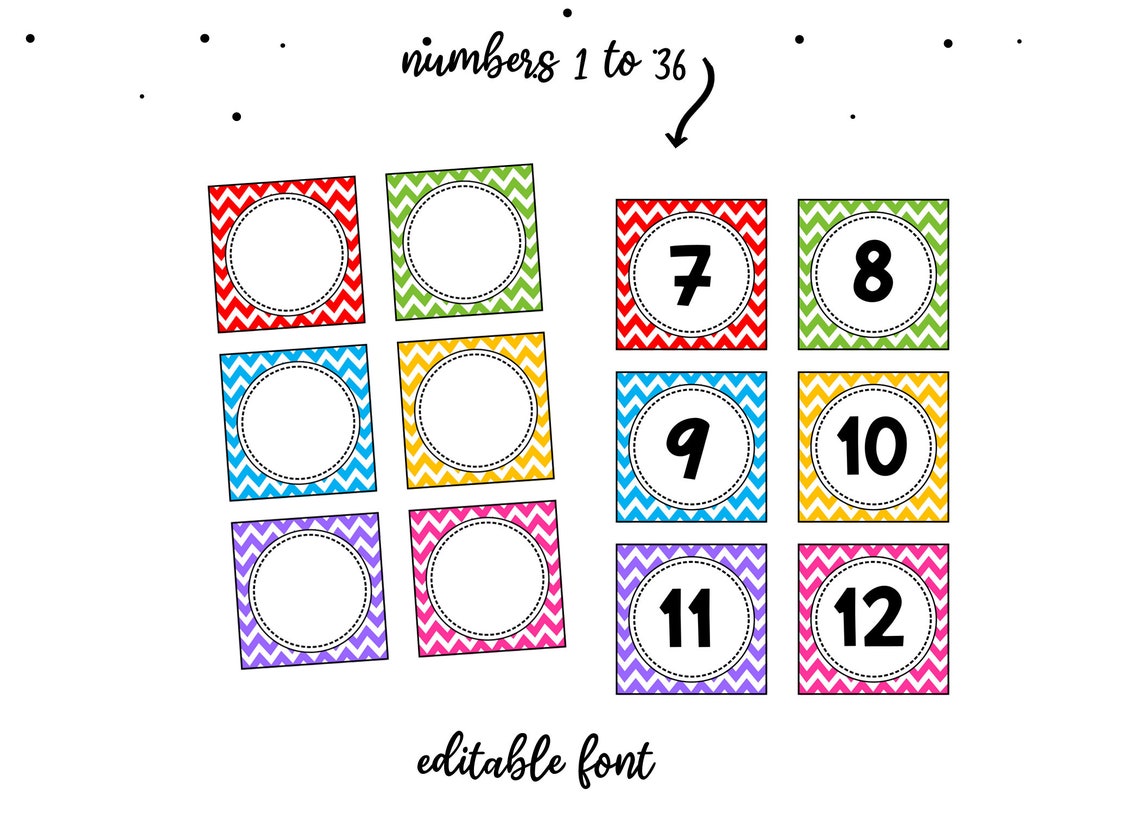 Printable Classroom Number Labels, Calendar Numbers, Bright Chevron ...