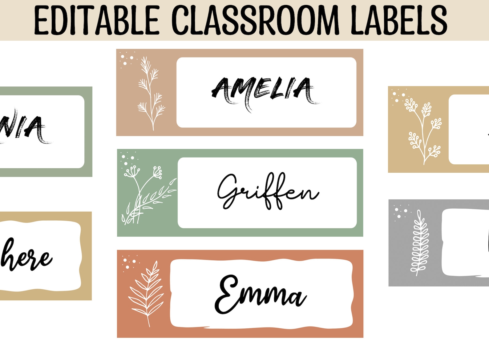 Boho Art Classroom Labels, Editable Student Name Tags, Botanical Name ...