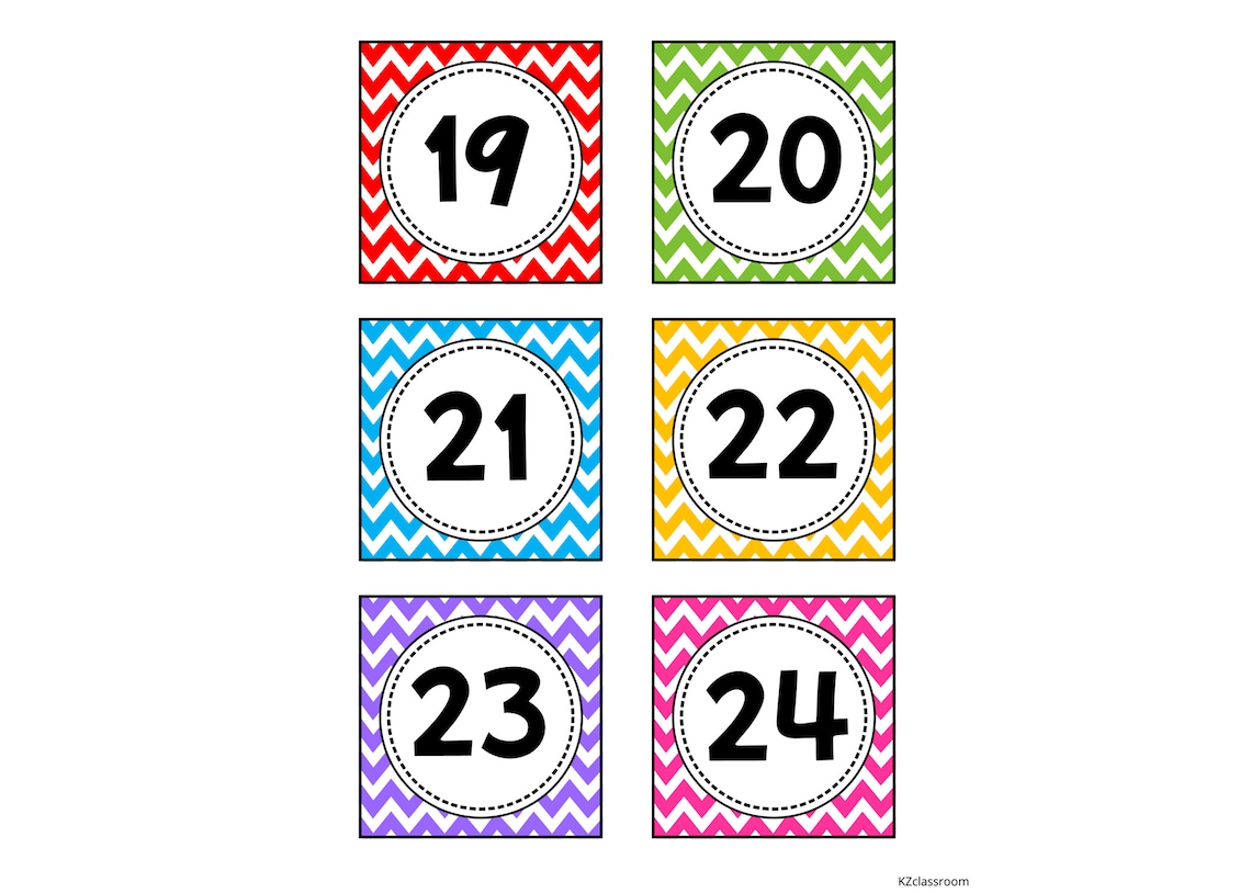 Printable Classroom Number Labels, Calendar Numbers, Bright Chevron ...