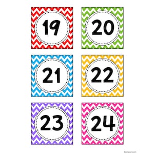 Printable Classroom Number Labels, Calendar Numbers, Bright Chevron ...