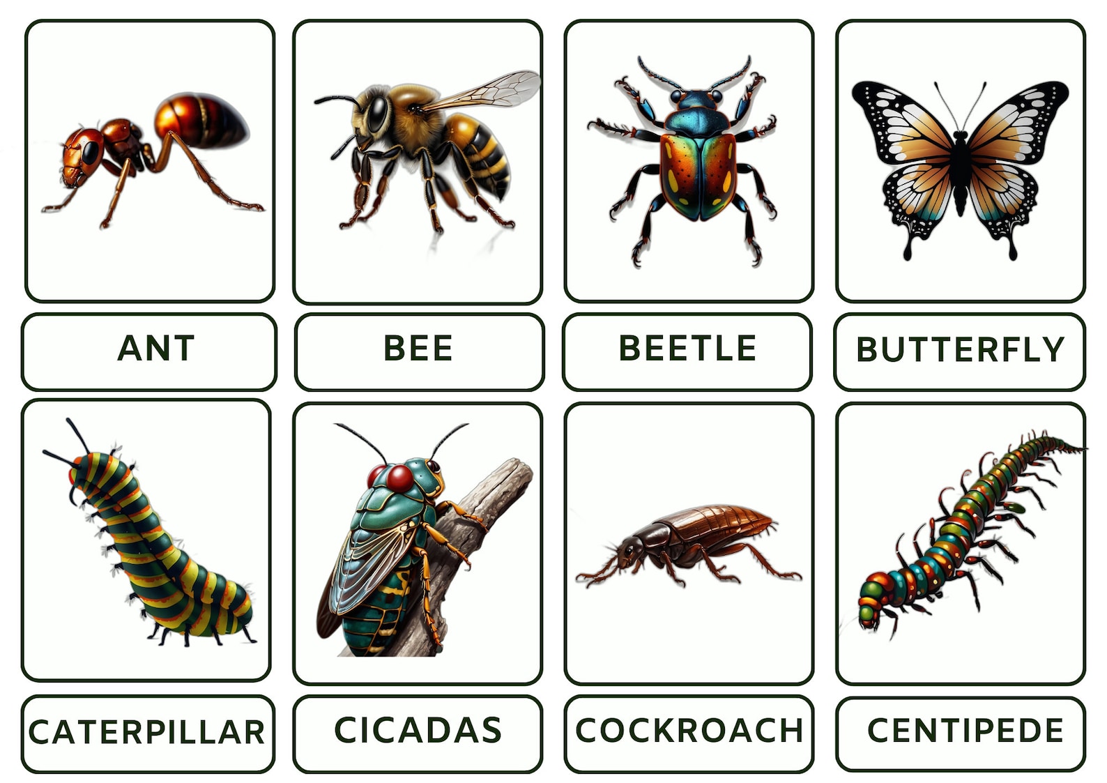 Educational Insect Flashcards Set - 3-piece Illustrated Learning Cards ...