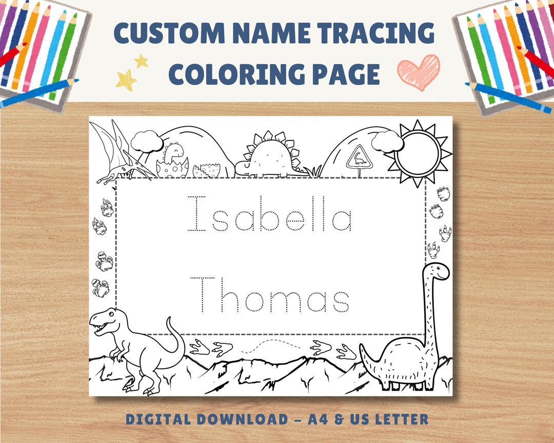 Custom Name Tracing Dinosaur Color Page Preschool Tracing Name Sheet ...