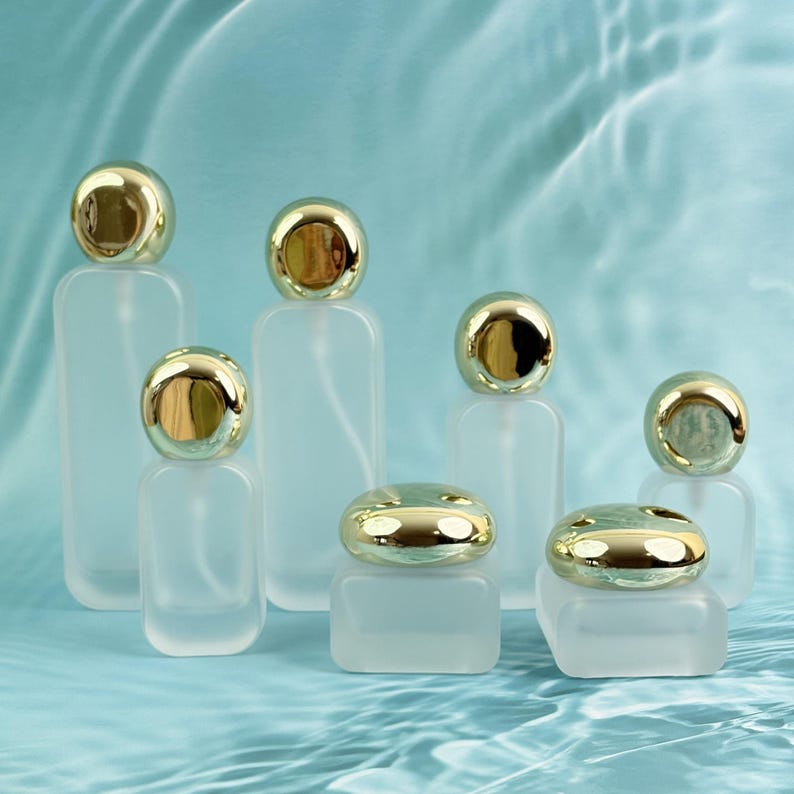 Frosted Glass Cosmetic Containers Set With Gold Dome Caps, Empty Lotion ...