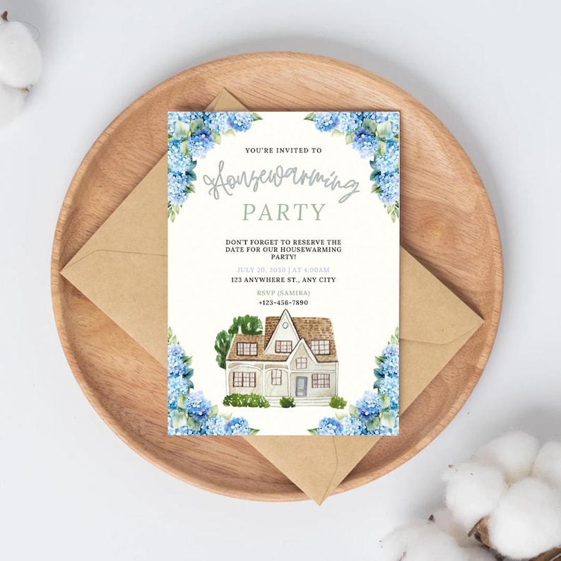 Housewarming Invitation Digital Download Template | Water Color Design With Hydrangeas ...