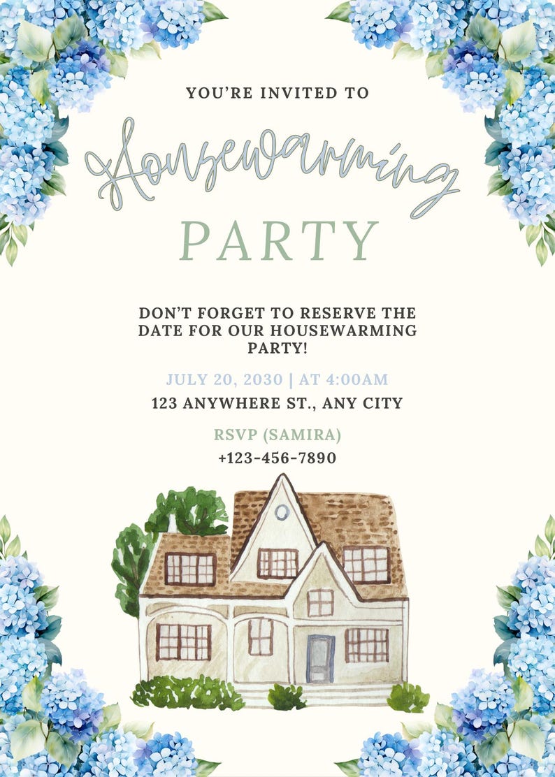 Housewarming Invitation Digital Download Template | Water Color Design With Hydrangeas ...