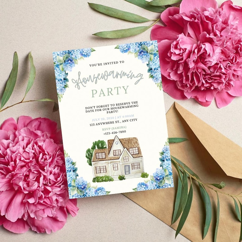 Housewarming Invitation Digital Download Template | Water Color Design With Hydrangeas ...