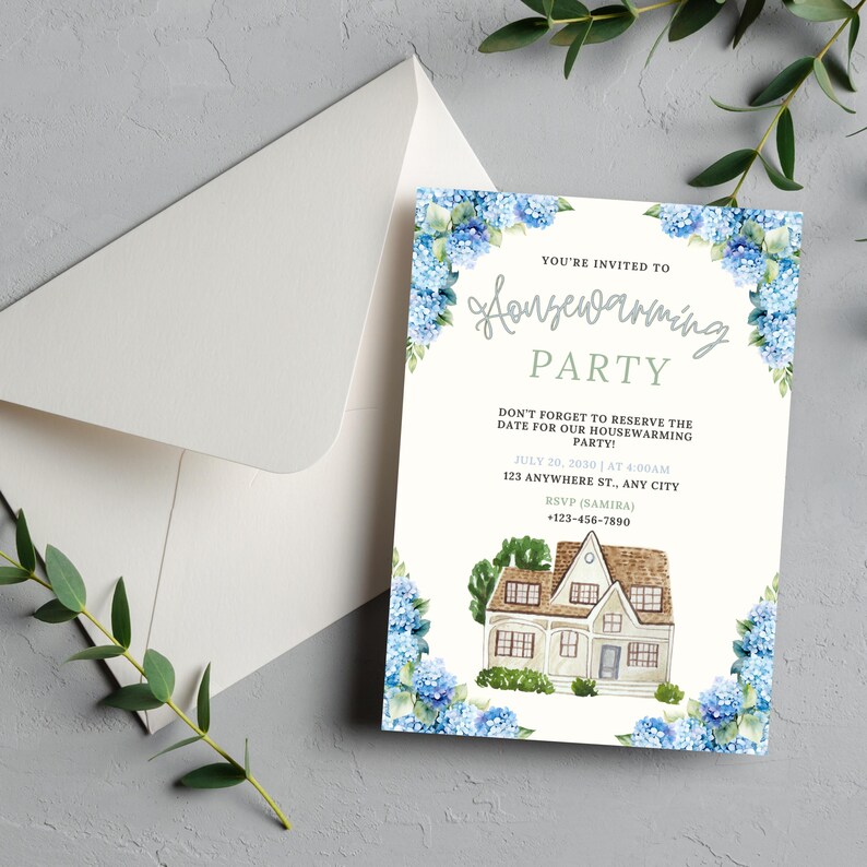 Housewarming Invitation Digital Download Template | Water Color Design With Hydrangeas ...