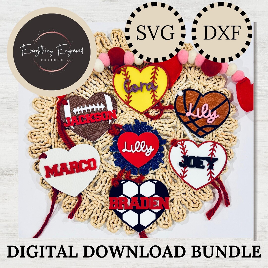 Sports Valentines Day Heart Tags Bundle | SVG DXF | Digital Download ...