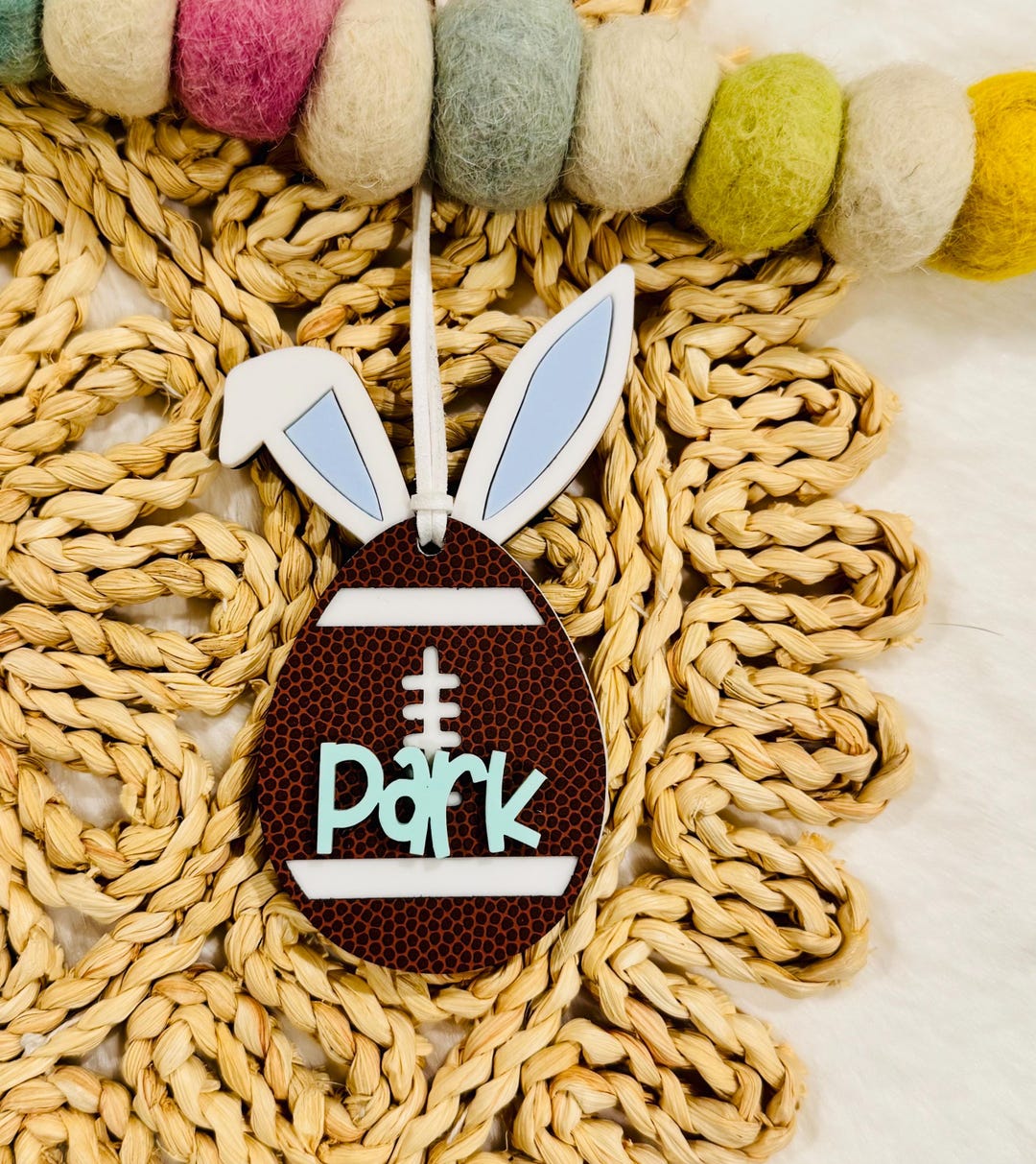 Bunny Ears Football Name Tag | Easter Basket Tag | Acrylic and Wood ...
