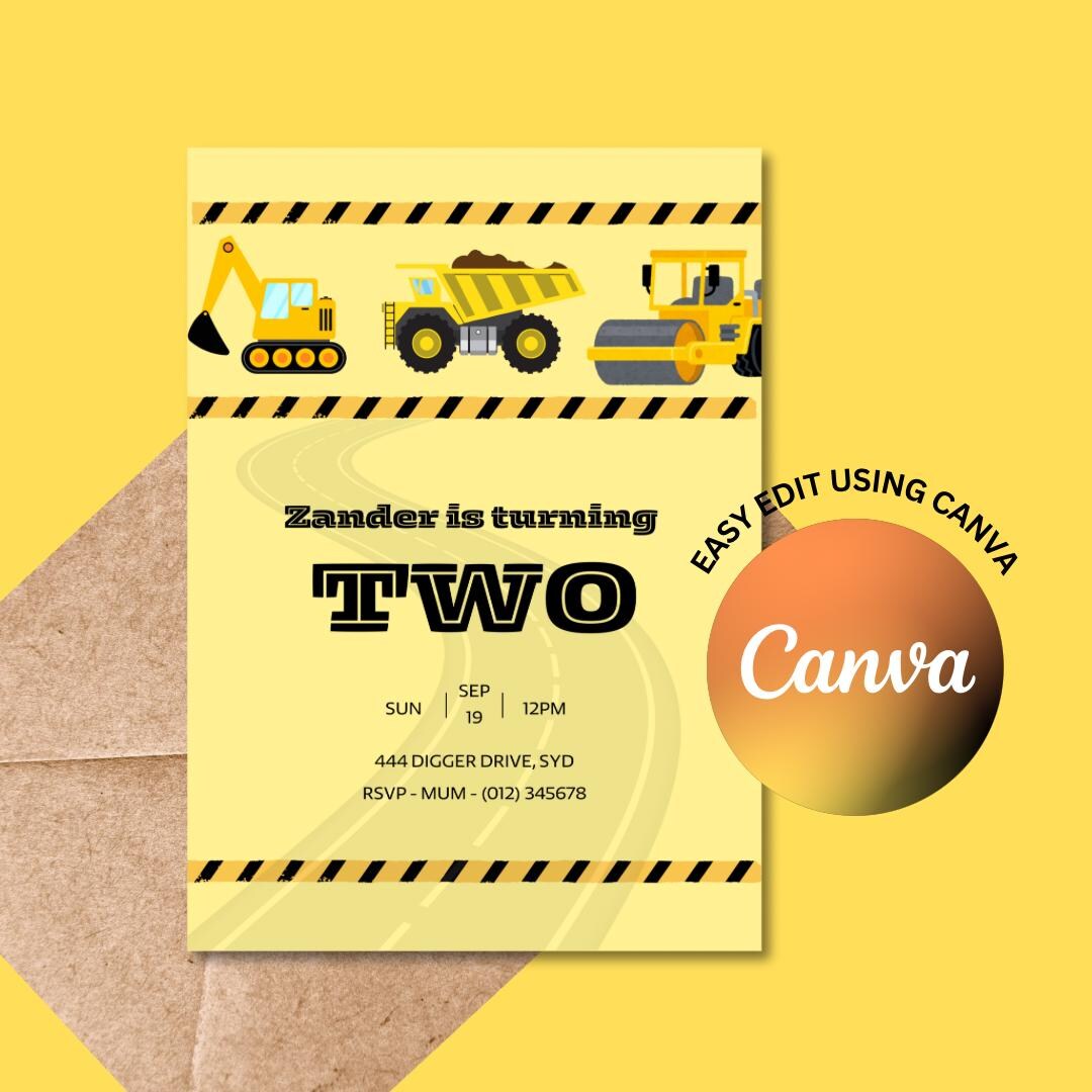Editable Construction Theme Invitation Template, Kids Birthday Event ...