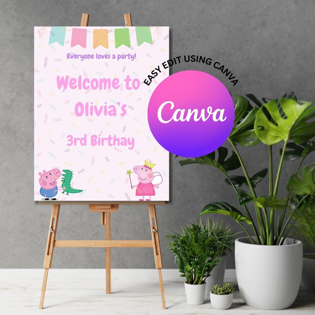 Editable Peppa Birthday Welcome Sign, Digital Design, Girl Pig Party ...