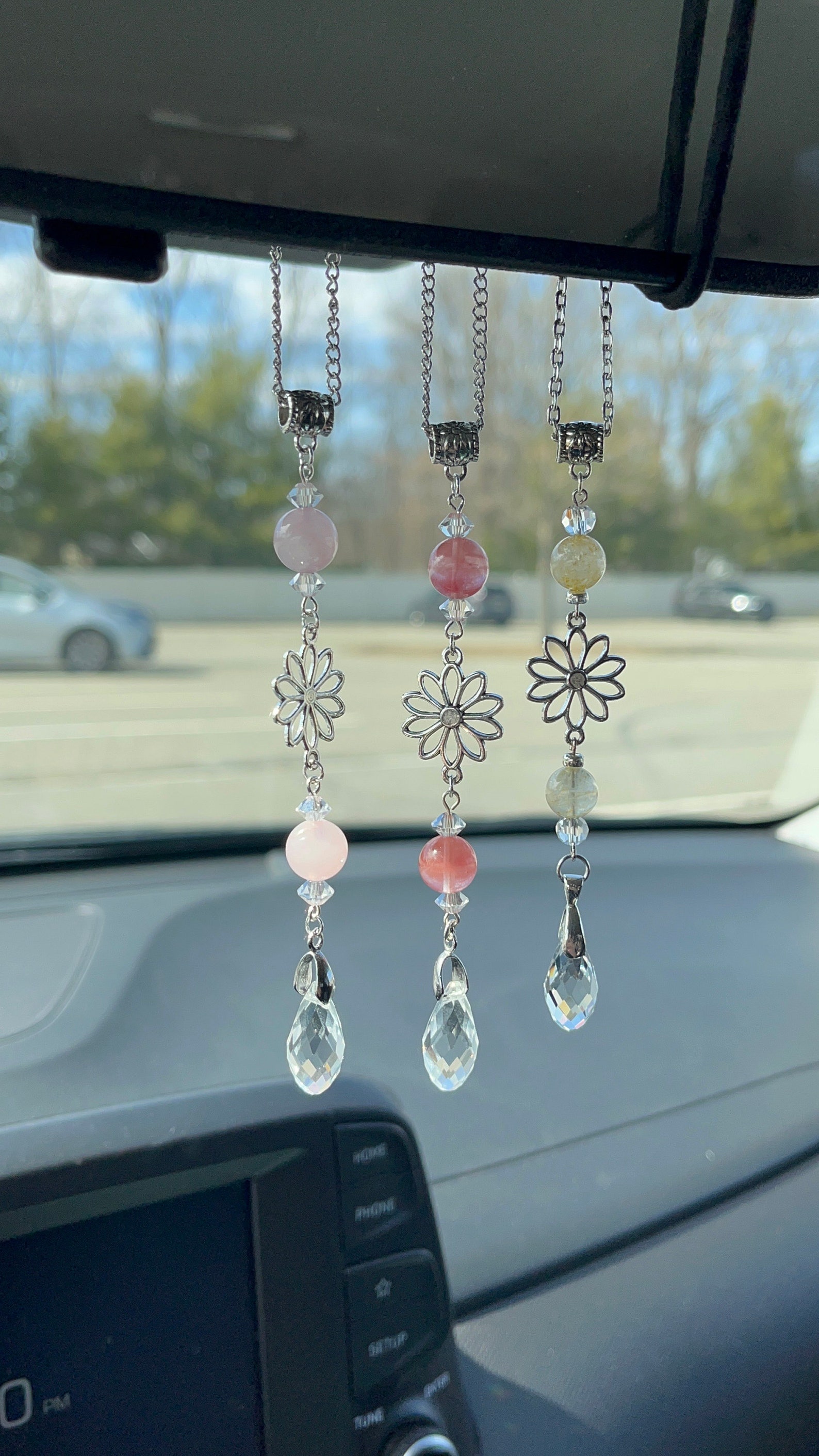 Crystal Car Charm: Flower Pendant, Citrine, Rose Quartz, Boho Rearview ...