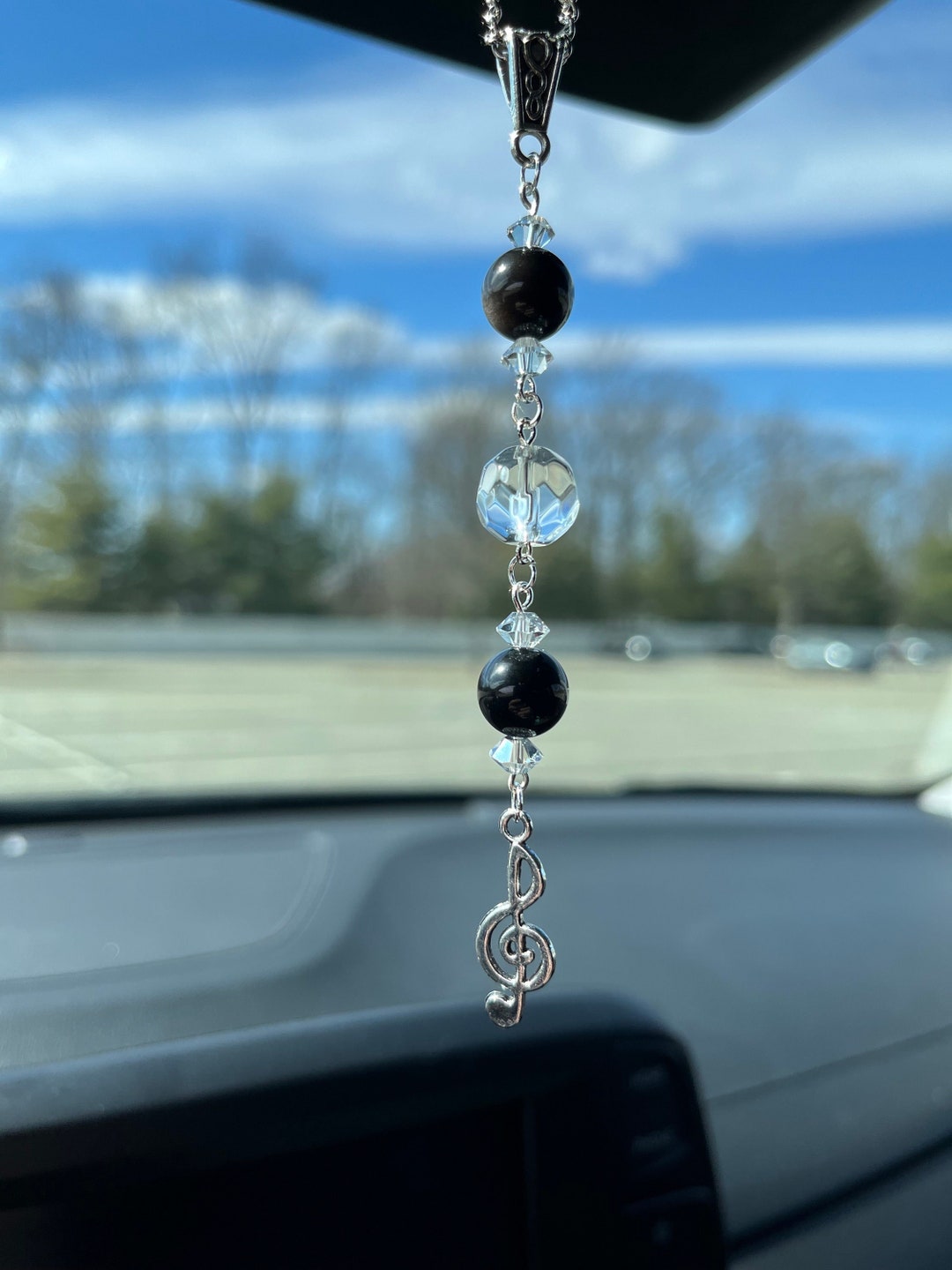 Treble Clef, Sun Catcher, Obsidian Bead, Rearview Mirror Car Charm ...