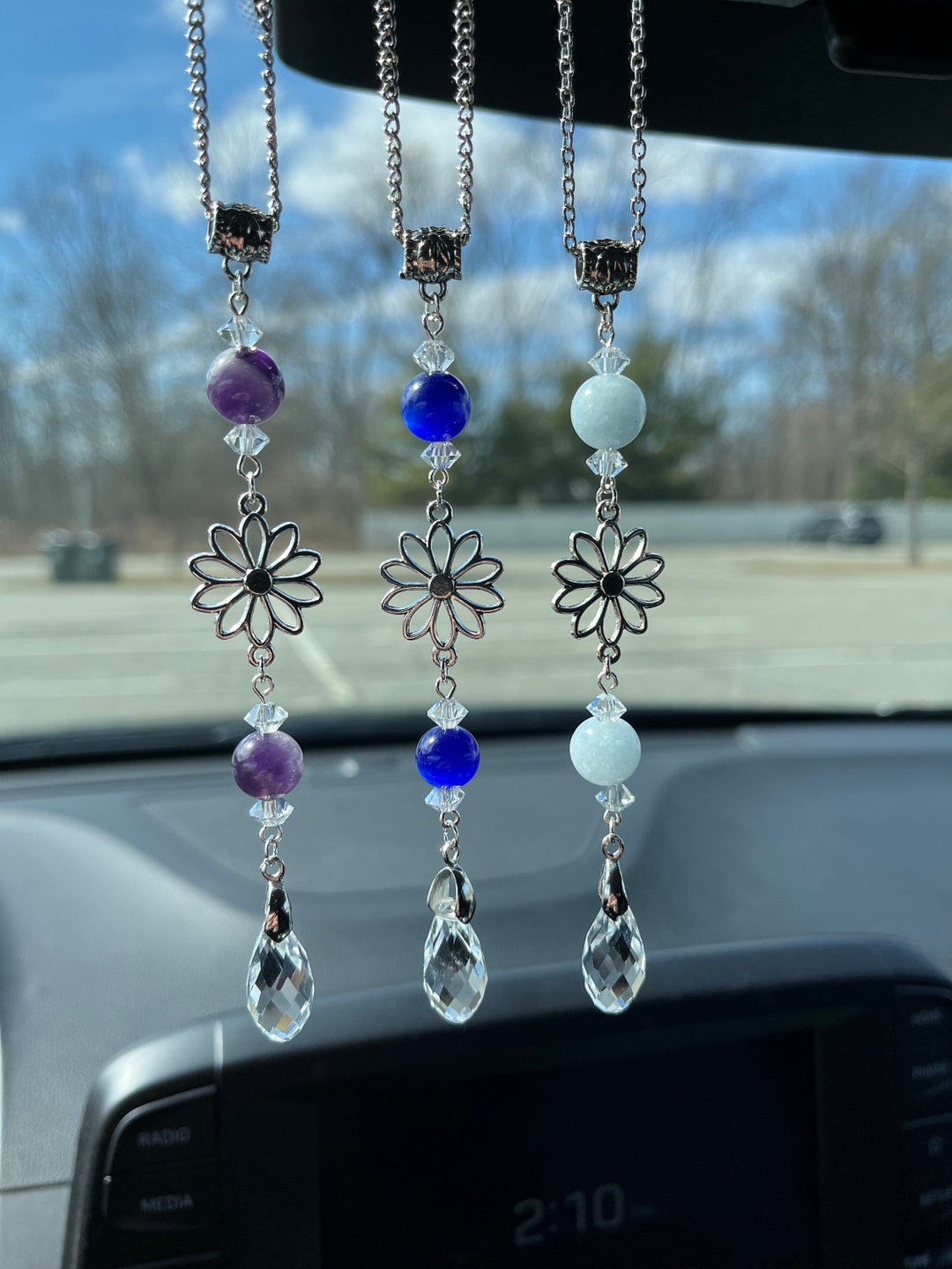 Crystal Car Charm: Flower, Amethyst, Aquamarine, Blue Glass - Etsy