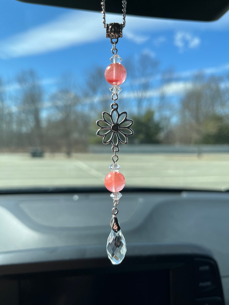 Crystal Car Charm: Flower Pendant, Citrine, Rose Quartz, Boho Rearview ...