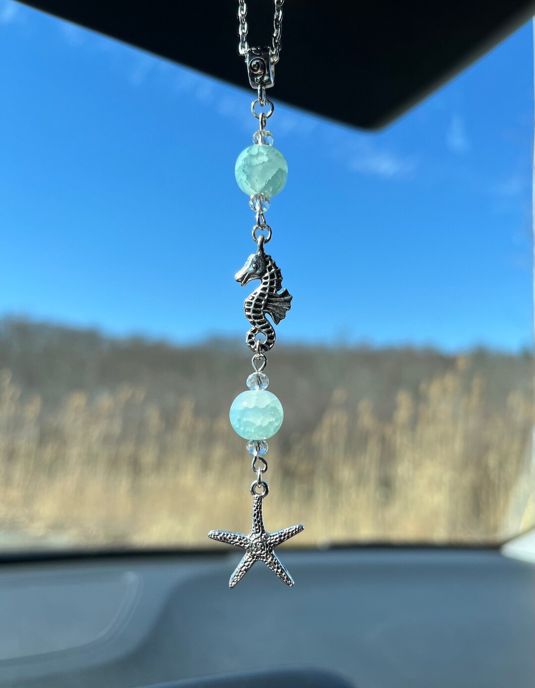 Sea Horse, Starfish, Aqua Glass Beachy Rear View Mirror Decor, Beach ...