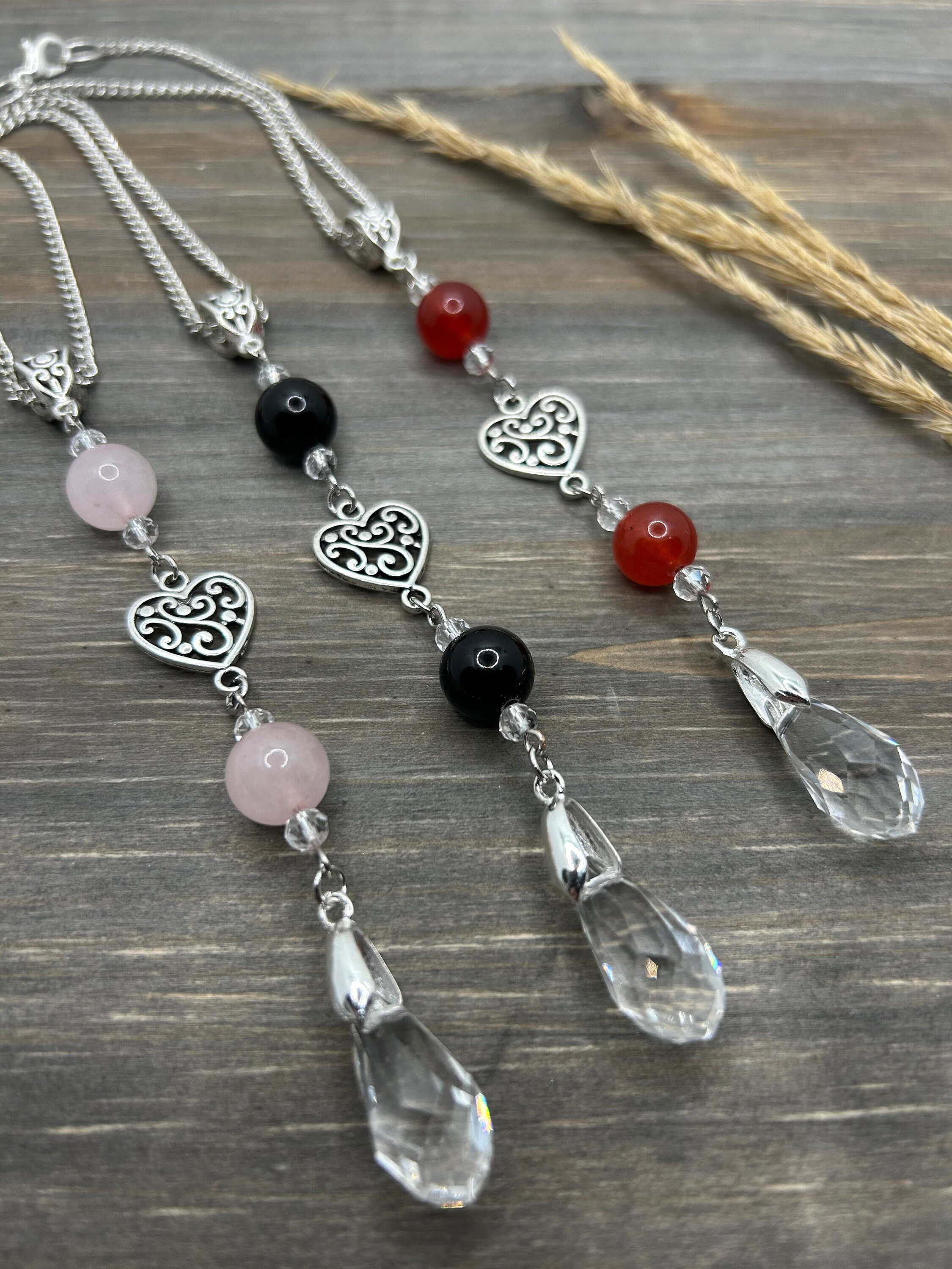 Heart Car Charm: Rose Quartz, Red Wine Quartz, Black Obsidian Stone ...