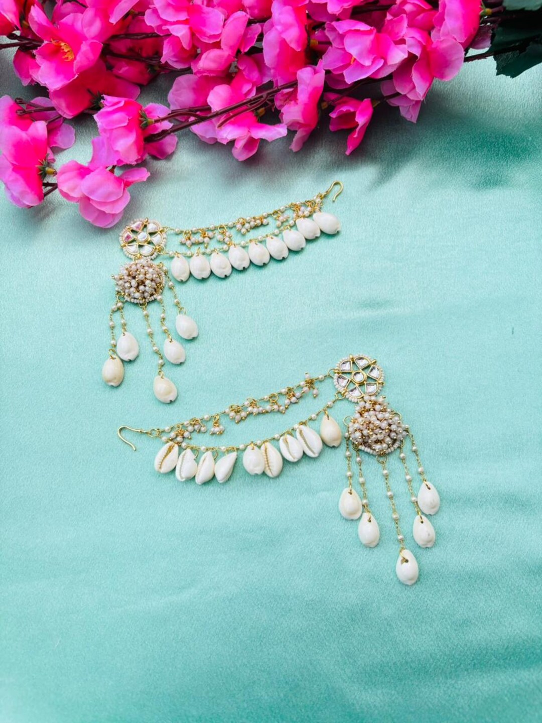 Handmade Indian Pearl Ear Chain – Traditional Kundan Bahubali Kaansair ...