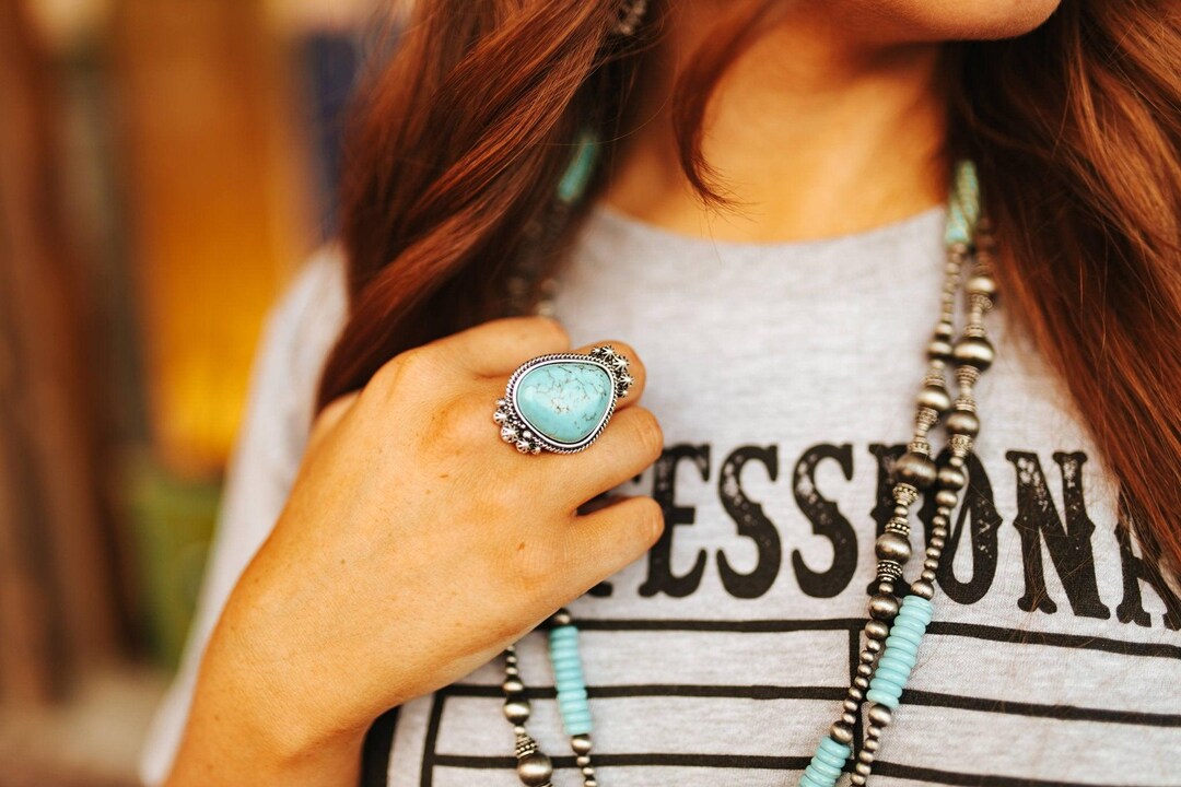 Adjustable Single Turquoise Stone Embellished Ring - Etsy
